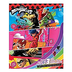 Miraculous Ladybug - 3 in 1 Jigsaw Puzzles for Kids. Featuring Lady & Cat Noir. Great Birthday & Educational Gifts for Boys and Girls. Colorful Pieces Fit Together Perfectly.