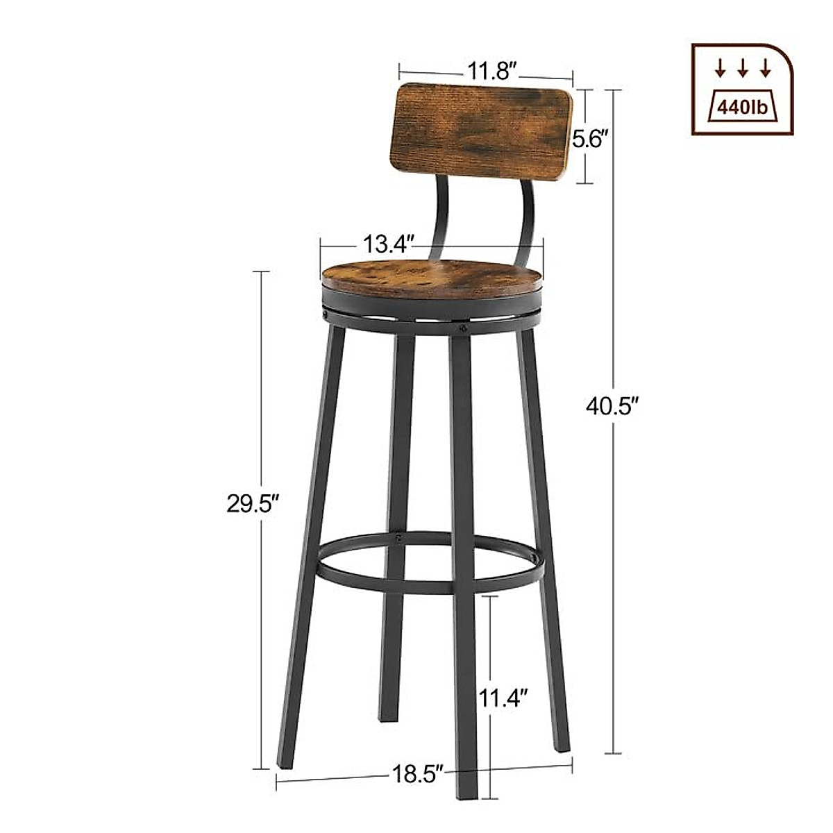IRCPEN Bar Stools with Back, Set of 2 Swivel Breakfast Stools,41-Inch High Kitchen Stools with Backrest, Footrest, Industrial Seat for Dining Room Kitchen Bar (13.4 X41 inches)