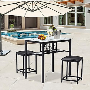 Kinfant 3 Pcs Bar Dining Table and Chairs Set with Faux Marble Tabletop - 2 Chairs, Contemporary Dining Table Set with Wine Rack for Home, Hotel, Dining Room, Kitchen or Bar, White & Black
