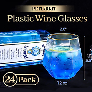 PETIARKIT 24 Pack Plastic Stemless Wine Glasses, Disposable Diamond Shaped Wine Glasses, 12Oz Plastic Whiskey Glasses for Parties, Birthdays, Housewarmings, Wedding (Gold Rim)