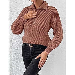 Verdusa Women's Casual Zip Up Long Sleeve Pullover Sweater V Neck Collar Knitted Top Pink XS