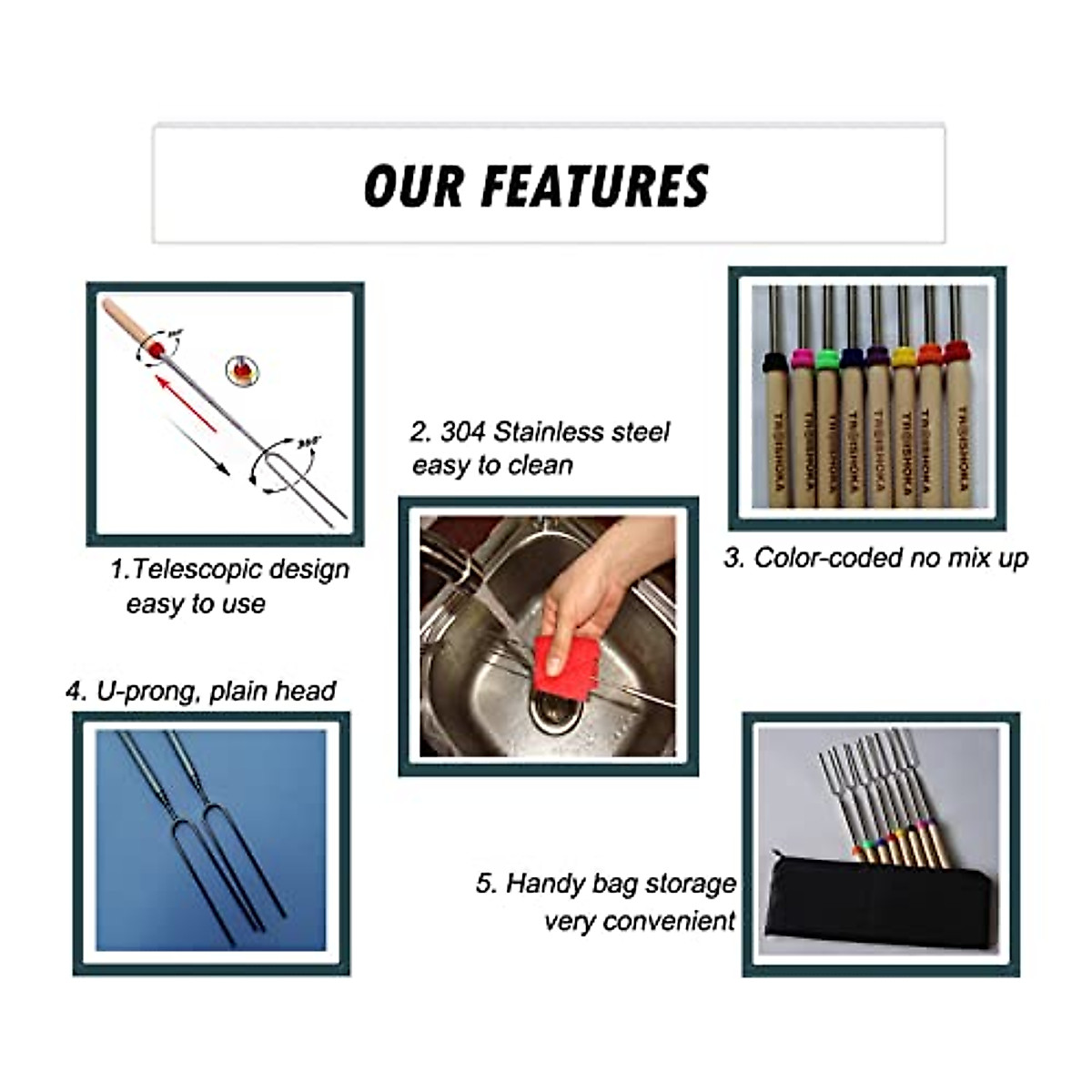 TROISHOKA Marshmallow Roasting Sticks-Smores Sticks for fire pit-Camping Accessories-Camfire Skewers 32 inch long (8pack)