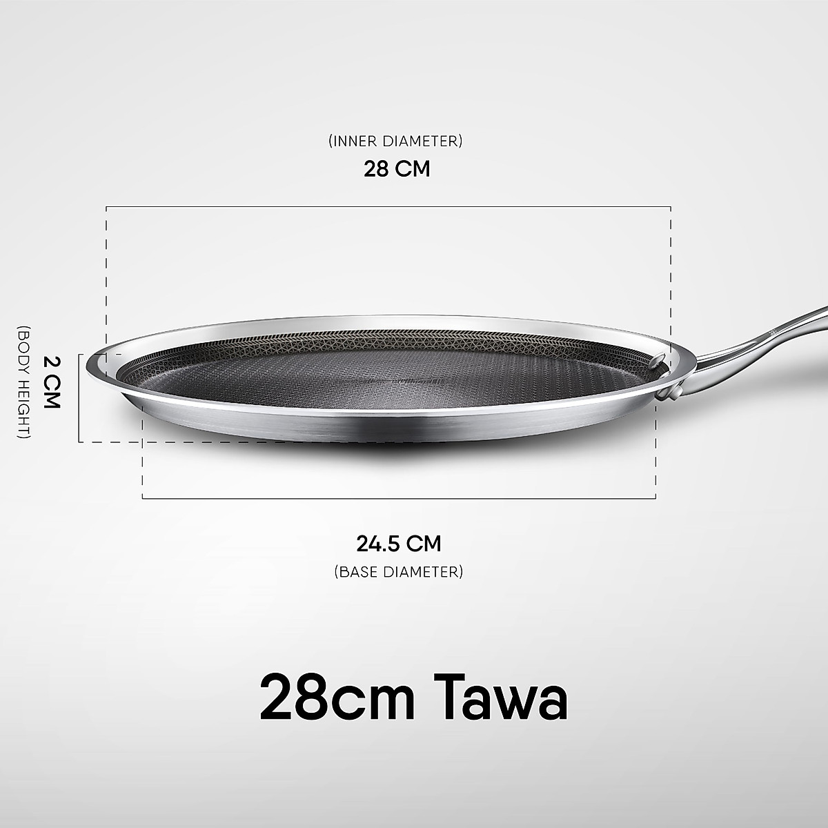Stahl Artisan Hybrid Triply Dosa Tawa, Dosa Tawa with Induction Base, Non Stick Pan, Stainless Steel Scratch Resistant Dosa Tava, 28 cm