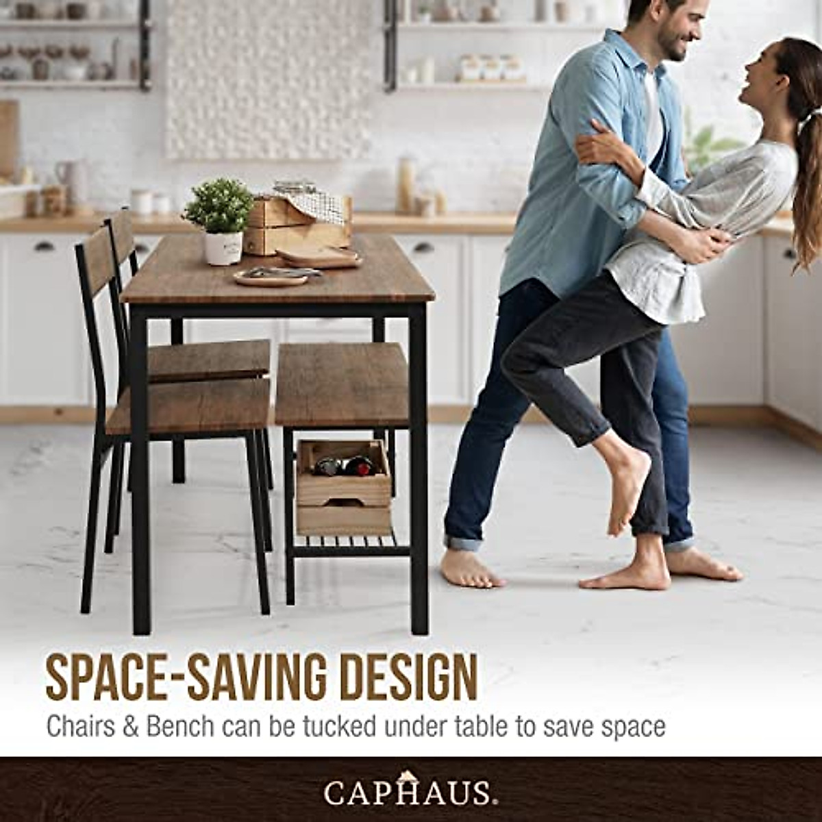 CAPHAUS 4 Pieces Dining Table Set for 4 w/Bench and Chairs, Modern Table Set for Dining Room, Home, Kitchen w/Storage Rack, Rectangle Table, Bench & Two Chairs, Space-Saving Dining Set, Grey Oak