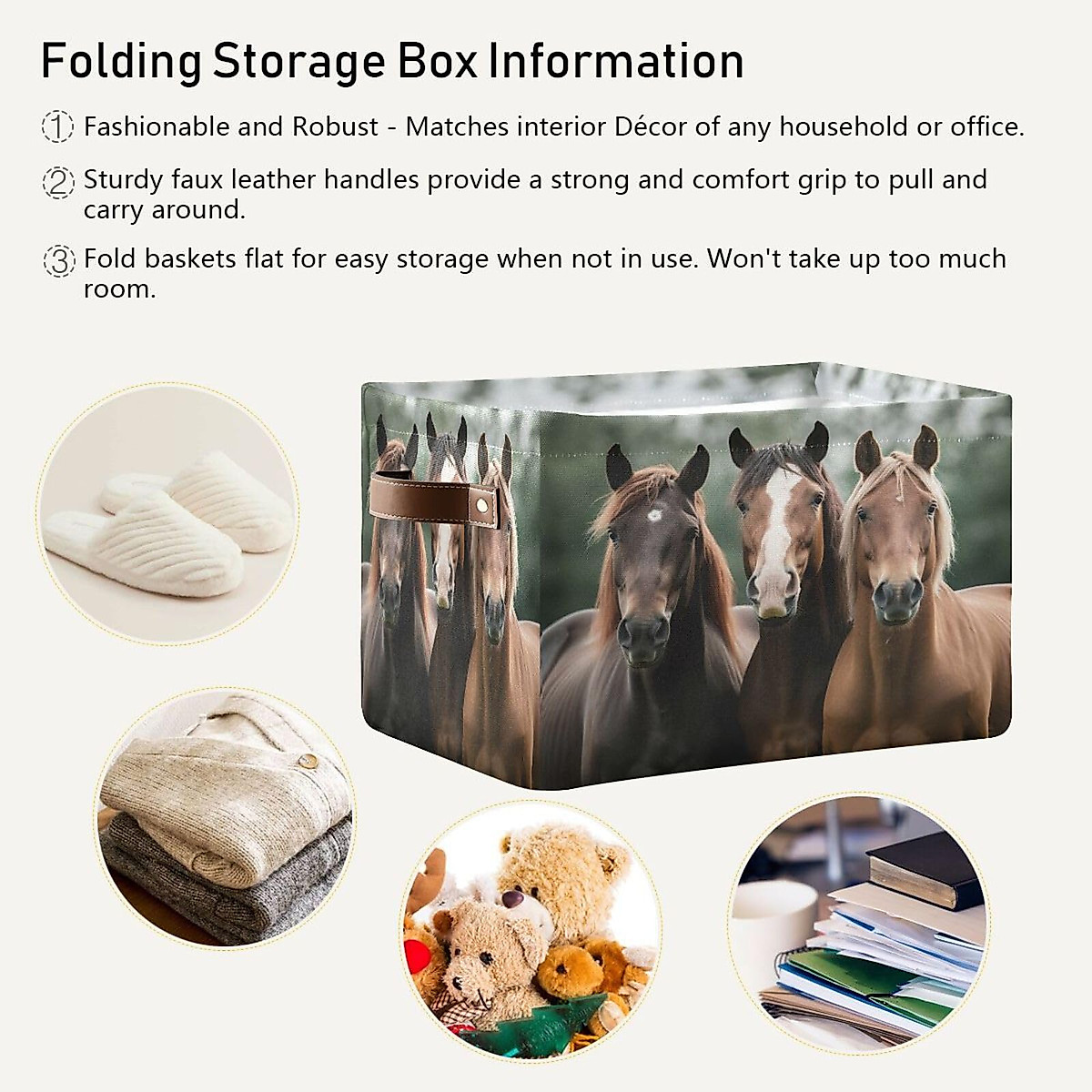 STAYTOP Large Storage Basket Collapsible Toy Storage Bins Waterproof Laundry Basket with Handle.Used for Home Closets, Offices, Bedrooms, Kids Toy and Gift Baskets-Cute Horses（Rectangular）1PCS