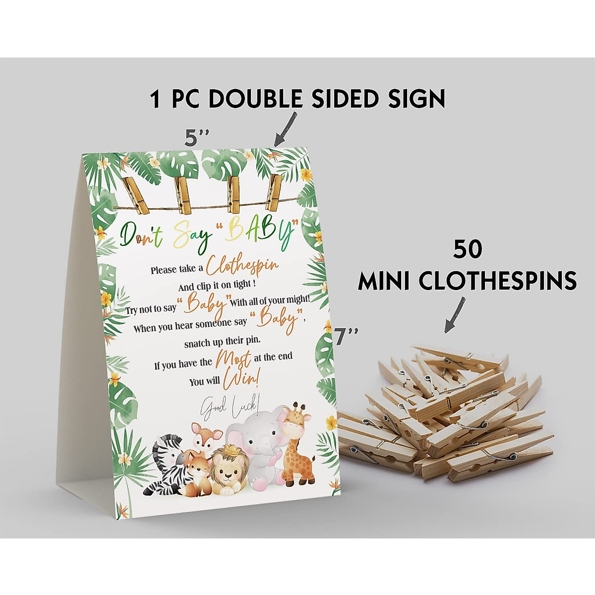 Don't Say Baby Sign, Baby Shower Clothespin Game, Includes a 5x7 Standing Sign and 50 Mini Natural Clothespins - Toctose046