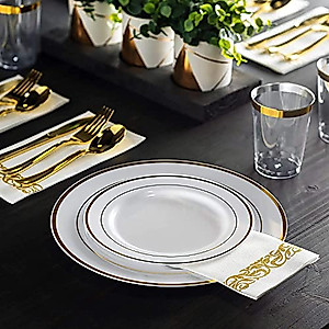 125 Piece Gold Dinnerware Party Set - 50 Gold Rim Plastic Plates, 25 Dinner 25 Dessert Plates, 75 Gold Silverware, 25 Knives, 25 Forks, 25 Spoons - 25 Guest Disposable Set for Wedding Birthday Parties