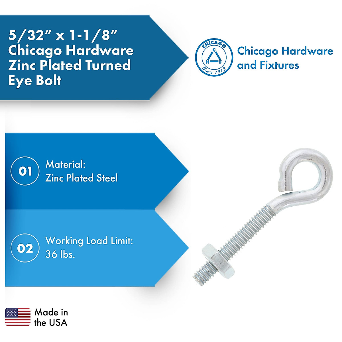 Chicago Hardware, 07010 2, Eyebolt, 8-32In, 1/4In, Turned Wire, PK10