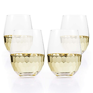 MyGift 18 oz Stemless Wine Glasses Set of 4 with Gold-Tone Hammered Design