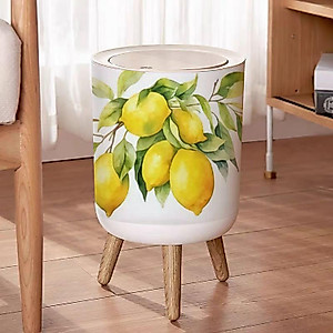 Small Trash Can with Lid for Bathroom Kitchen Office Diaper Green branch lemon leaves nature botanical decorative collection Bedroom Garbage Trash Bin Dog Proof Waste Basket Cute Decorative
