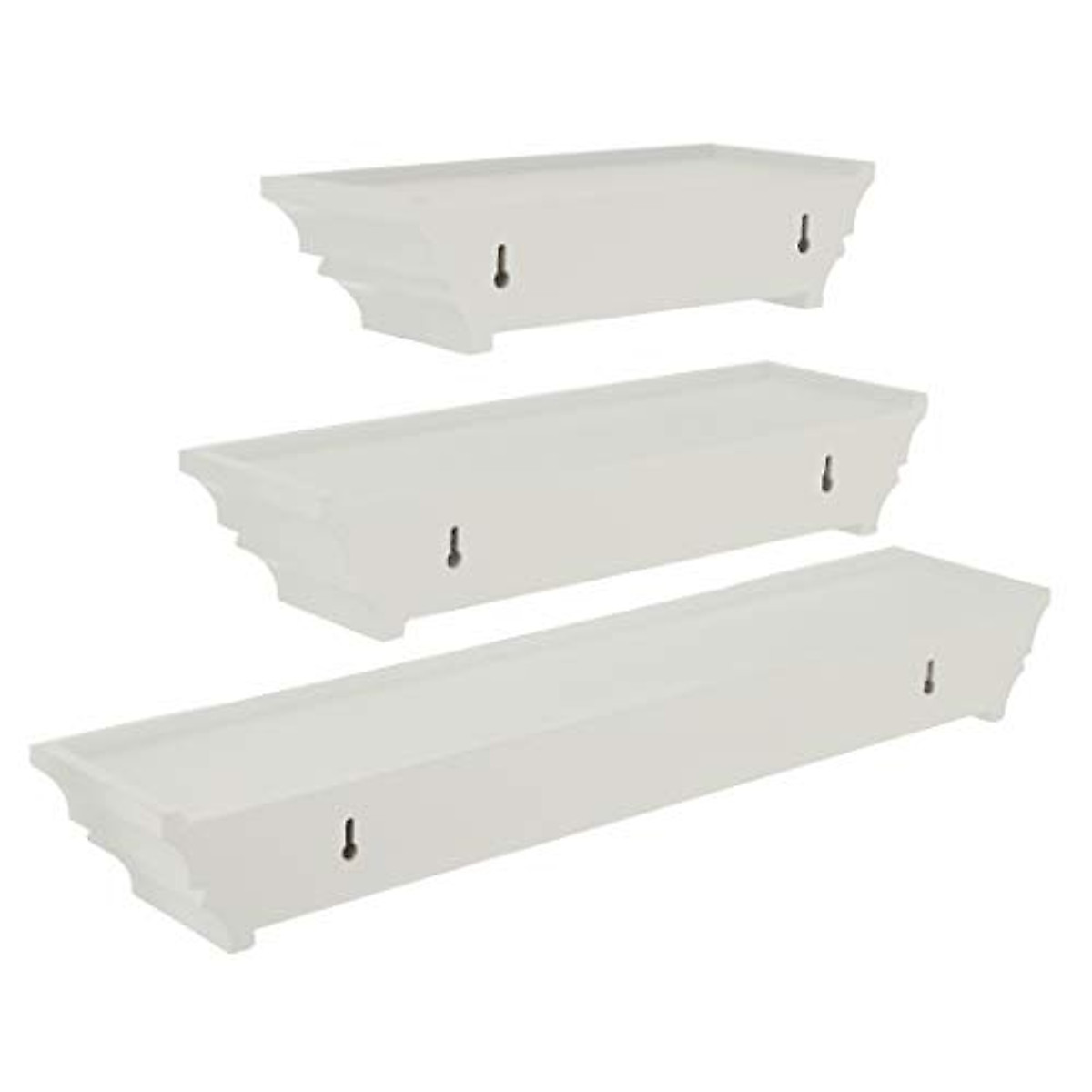 Kiera Grace Madison Classic Crown Molding Floating Wall Shelves, Robust Engineered Wood, Easy Assembly, Ideal for Home Decor, 12" / 16" / 24", White, Set of 3