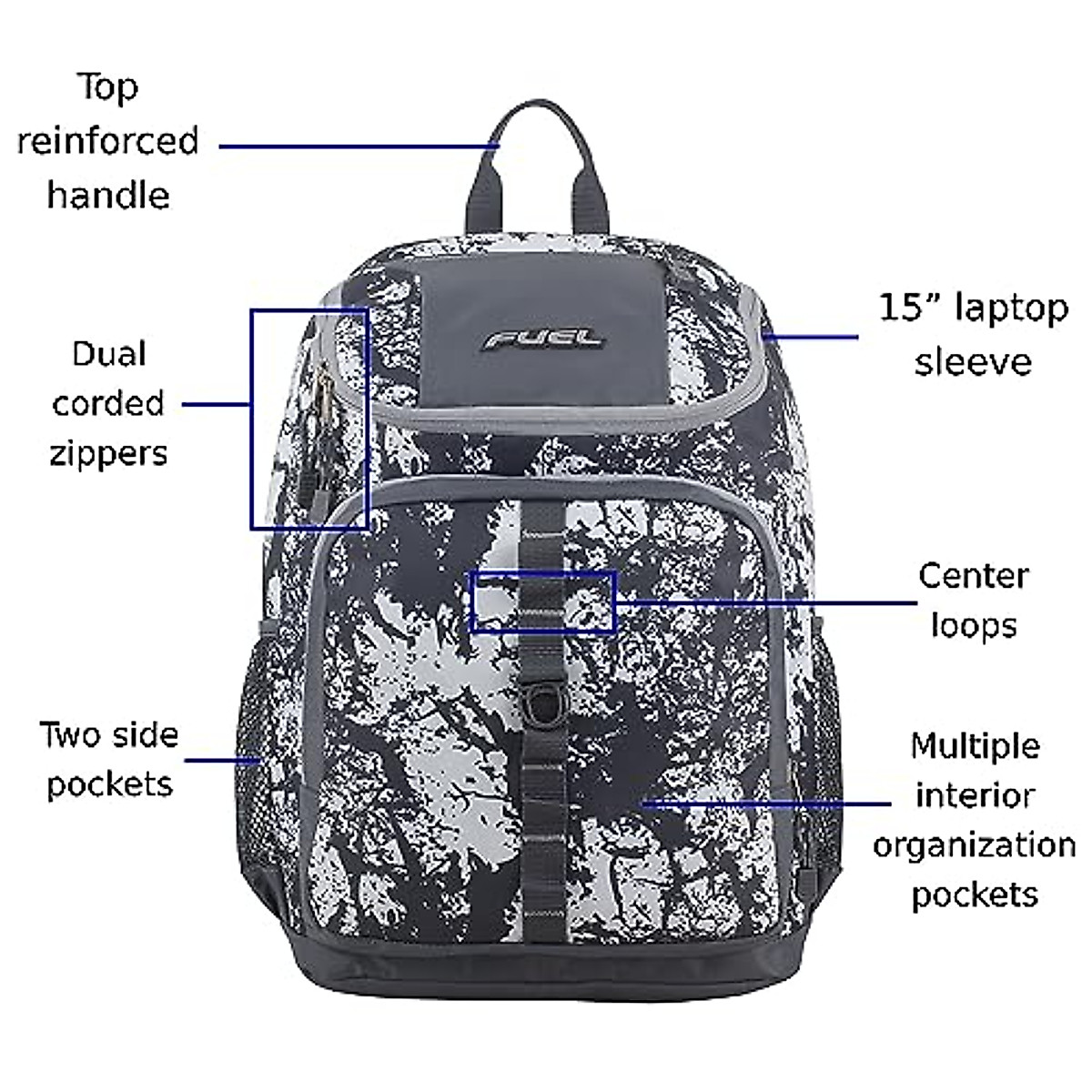 FUEL Wide Mouth Sports Backpack with Laptop Compartment for Work, Travel, Outdoors - Gray Flannel/Soft Silver