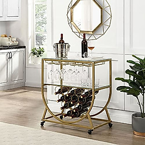 O&K FURNITURE Glass Bar Cart with Wine Rack, Bar Serving Cart on Wheels, Kitchen Storage Cart for The Home, Gold