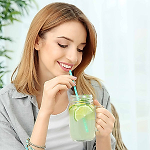 Simple Elements Mason Jar with Handle and Lid with Straw Hole - Mason Jars for beverages, drinks, liquor, juice or water - 3"W x 5.5"H - 12 oz - Set of 8