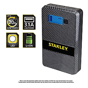 STANLEY SS4LS 600 Peak Battery Amps PowerToGo Lithium Ion Power Station Jump Starter and 8000mAh Portable Power Bank: Dual 3.1A USB Ports, Battery Clamps , Gray