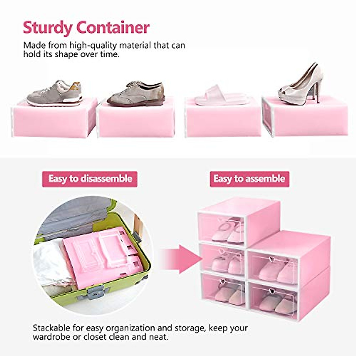 12 Pack Stackable Shoe Boxes Plastic Storage Bins, Sneaker Container with Clear Lids, Closet Organizer by Hommtina (Pink)