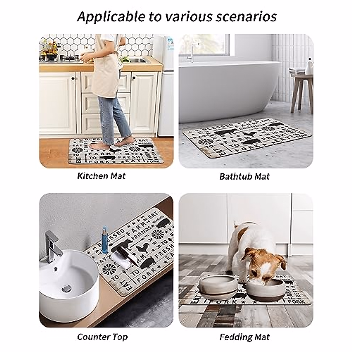 Gogobebe Super Absorbent Diatom Mud Mat Vintage Farm Animal Cow Rooster Pig Wooden Board Pattern Quick-Drying Thin Bath Mat Non-Slip Bathtub Mat Anti-Skid Rubber Bathroom Shower Mat 16x24in