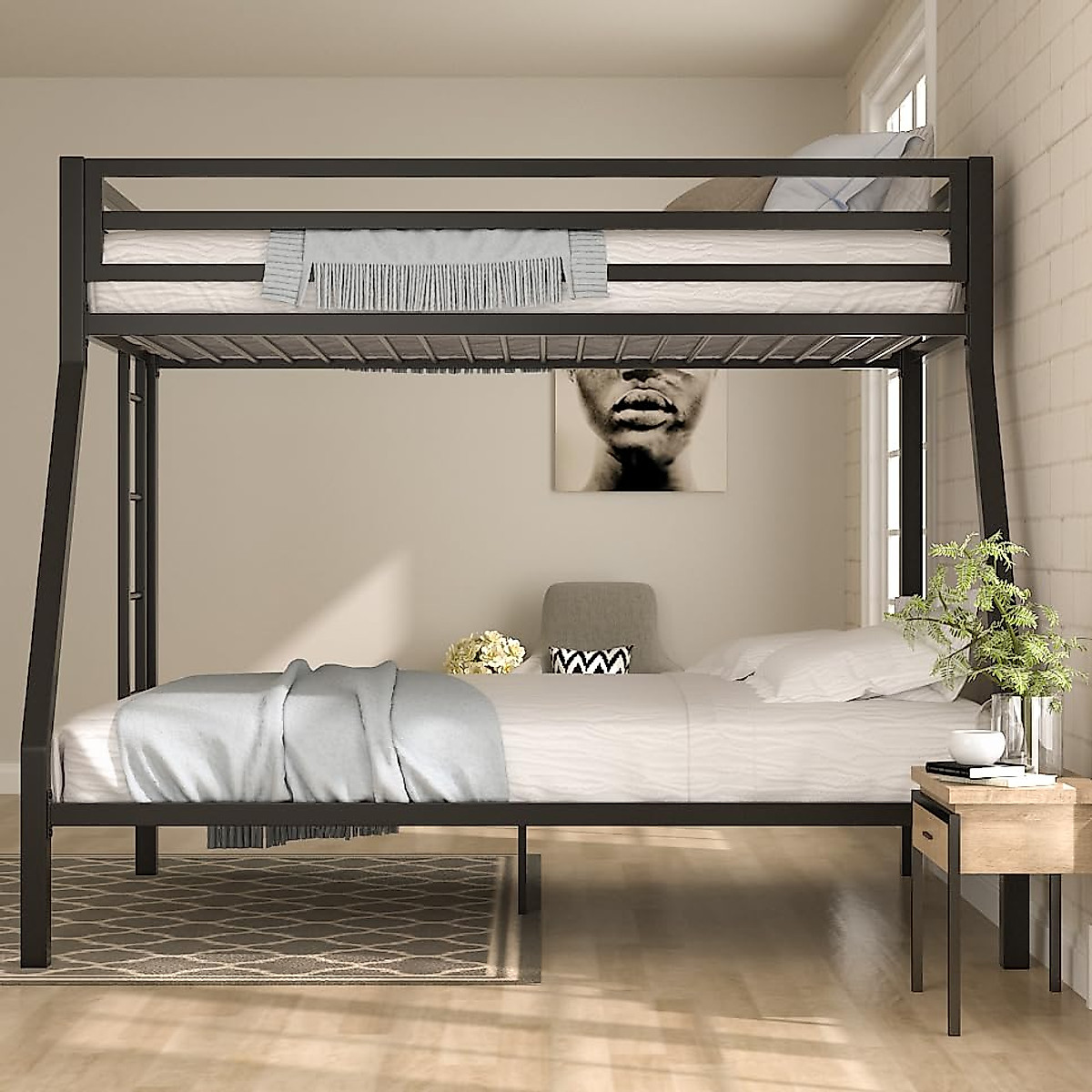 MUTICOR Modern Twin Over Full Metal Loft Bed with Ladder for Junior & Adults, Space-Saving Bunk Bed Frame, Sturdy & Durable, Ideal for Bedrooms, Dorms, and Guest Rooms, Black