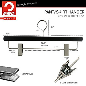 MAWA by Reston Lloyd, European Wooden Hanger, Beech Wood Hanger with Adjustable Pant Clips, Rotating Chrome Hook, Black Finish, for Pants, Shorts, & Skirt Clothes Hanger (26415)