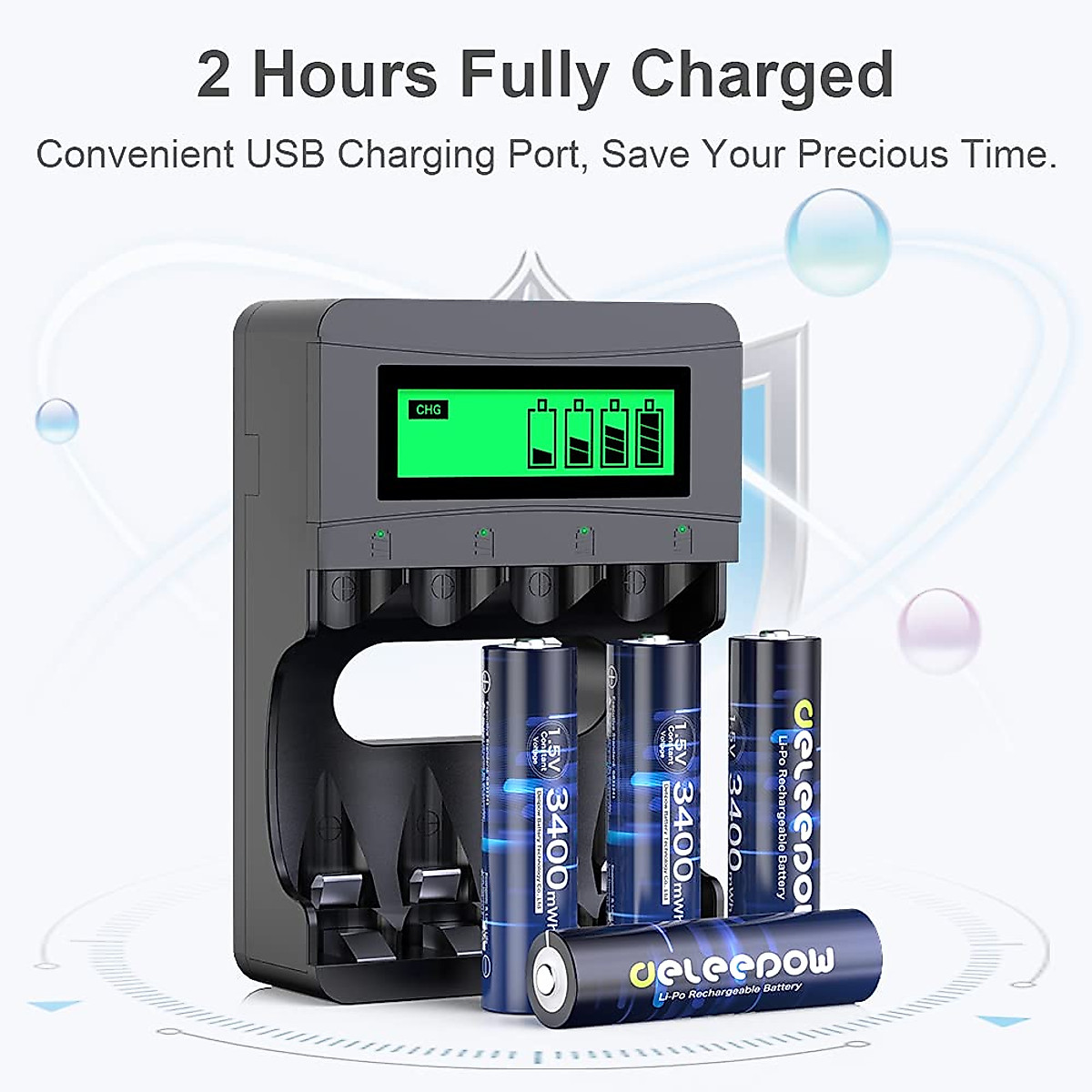 Deleepow Rechargeable AA Batteries with Charger, 3400mWh 1.5V, 2H Fast Charge Long Lasting for Household, Cordless Phones, Remote Controls, Electronics, 4 Packs