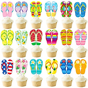 36pcs Beach Flip Flops Cupcake Toppers Summer Beach Party Cupcake Toppers Decorations Pool Party Decorations Supplies for Summer Birthday Tropical Luau Hawaiian Party Supplies