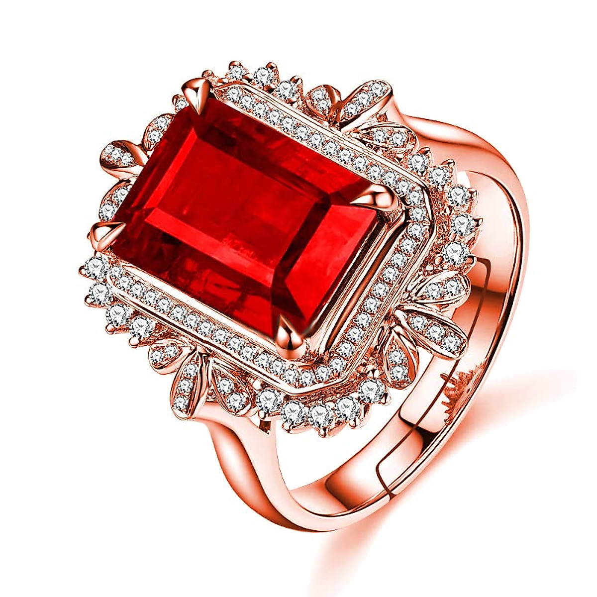 Uloveido Rose Gold Plated Emerald Cut 5 CT Simulated Ruby Ring, Adjustable Red CZ Birthstone Rings Wedding Engagement Rings Women Y988