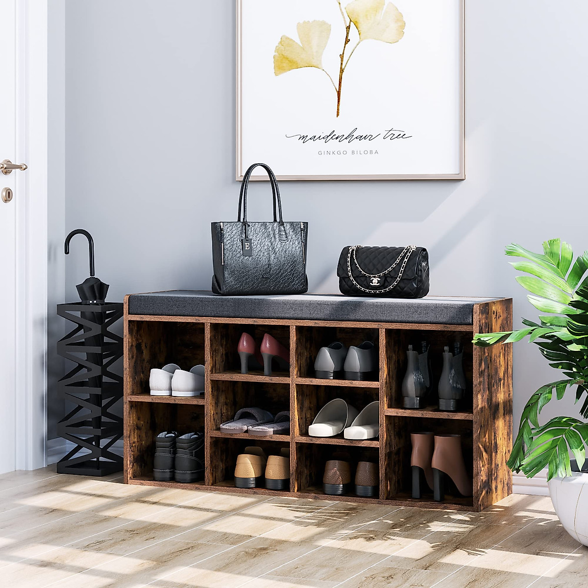 vinform Shoe Cabinet Storage Bench with Cushion, 10-Cube Shoe Storage Bench for entryway, Holds up to 220lbs, Rustic Brown