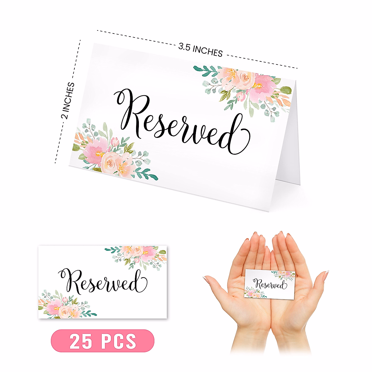 25 Pink Floral VIP Reserved Sign Tent Place Cards for Table at Restaurant, Wedding Reception, Church, Business Office Board Meeting, Holiday Christmas Party, Printed Seating Reservation, 3.5x2