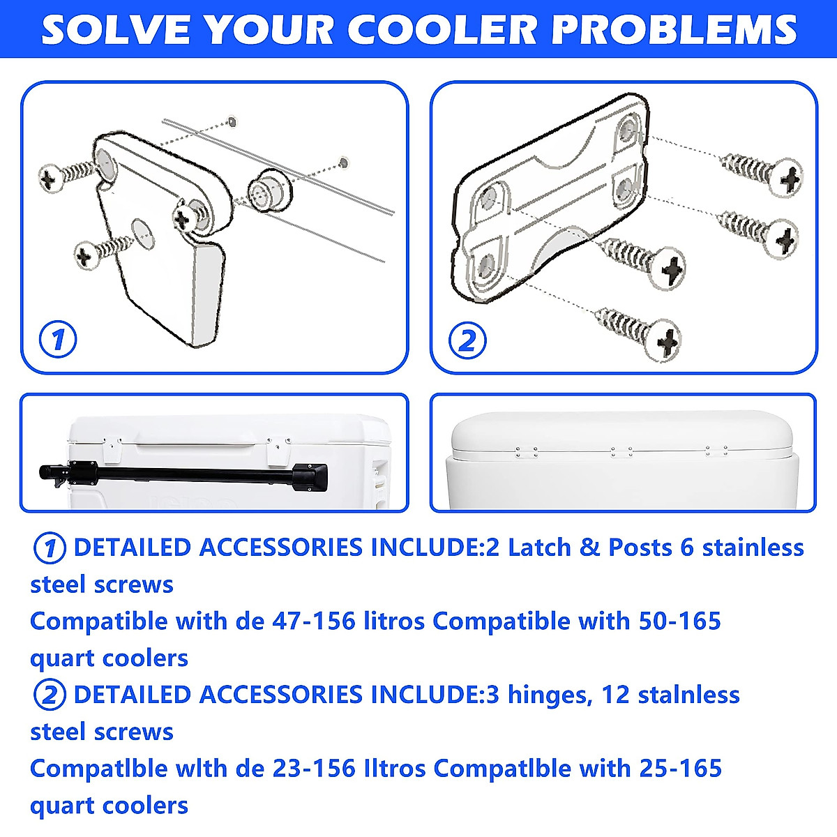 Cooler Hinge and Latch and Screws Kit, High Strength Cooler Latch Replacement Parts. Ice Chest Plastic Hinges, Latch Posts, and Screws, The Best Option for Repairing and Replacing Cooler Parts.