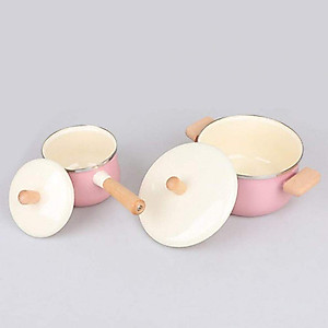 MYYINGBIN 2 Piece Enamel Cast Iron Casserole Milk Pot with Wooden Handle, Non-Stick Coating Stew Pot, Easy to Clean, Pink