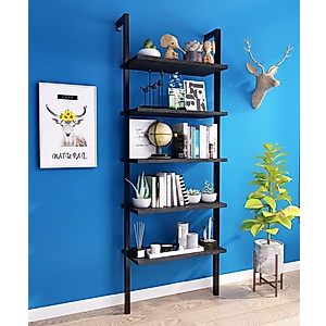 DKLGG 5-Tier Book Shelf Rack Against The Wall, Tall Ladder Shelf Wooden Bookcase Metal Frame Storage Plant and Flower, Single Standing Bookshelf Ladder ​for Living Room, Bedroom, Balcony, Home Office