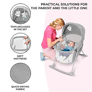 Kinderkraft LOVI Travel Bassinet for Baby in Grey, Portable Folding Baby Bed with Built-in Mosquito net, Adjustable Hood and an Additional Cradle Function