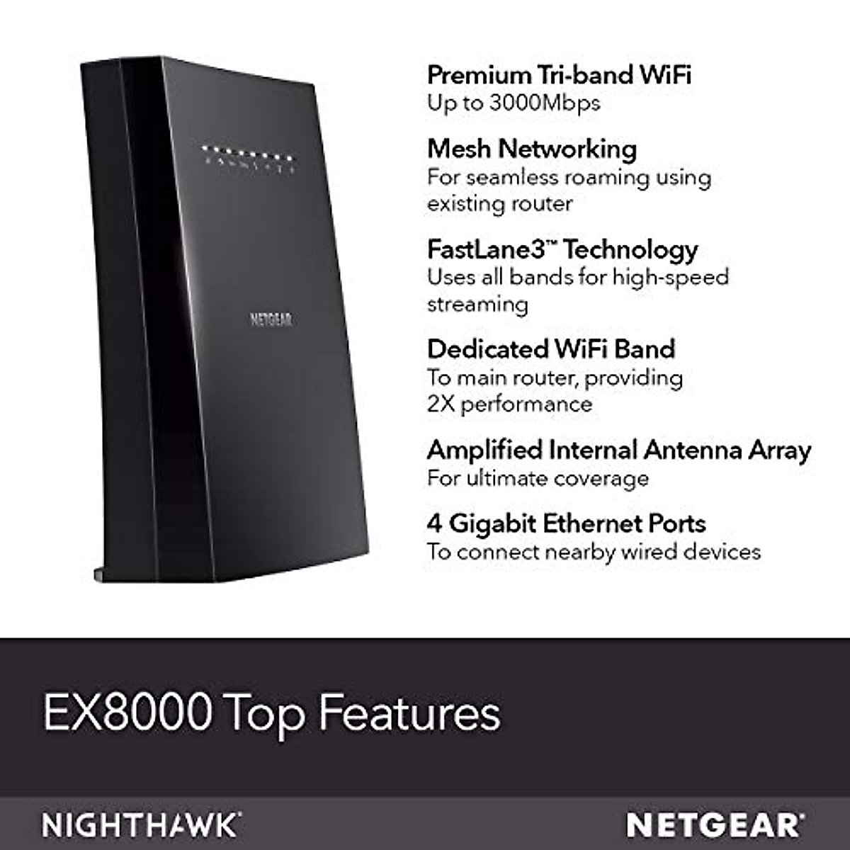 NETGEAR WiFi Mesh Range Extender EX8000 - Coverage up to 2500 sq.ft. and 50 Devices with AC3000 Tri-Band Wireless Signal Booster & Repeater (Up to 3000 Mbps Speed), Plus Mesh Smart Roaming