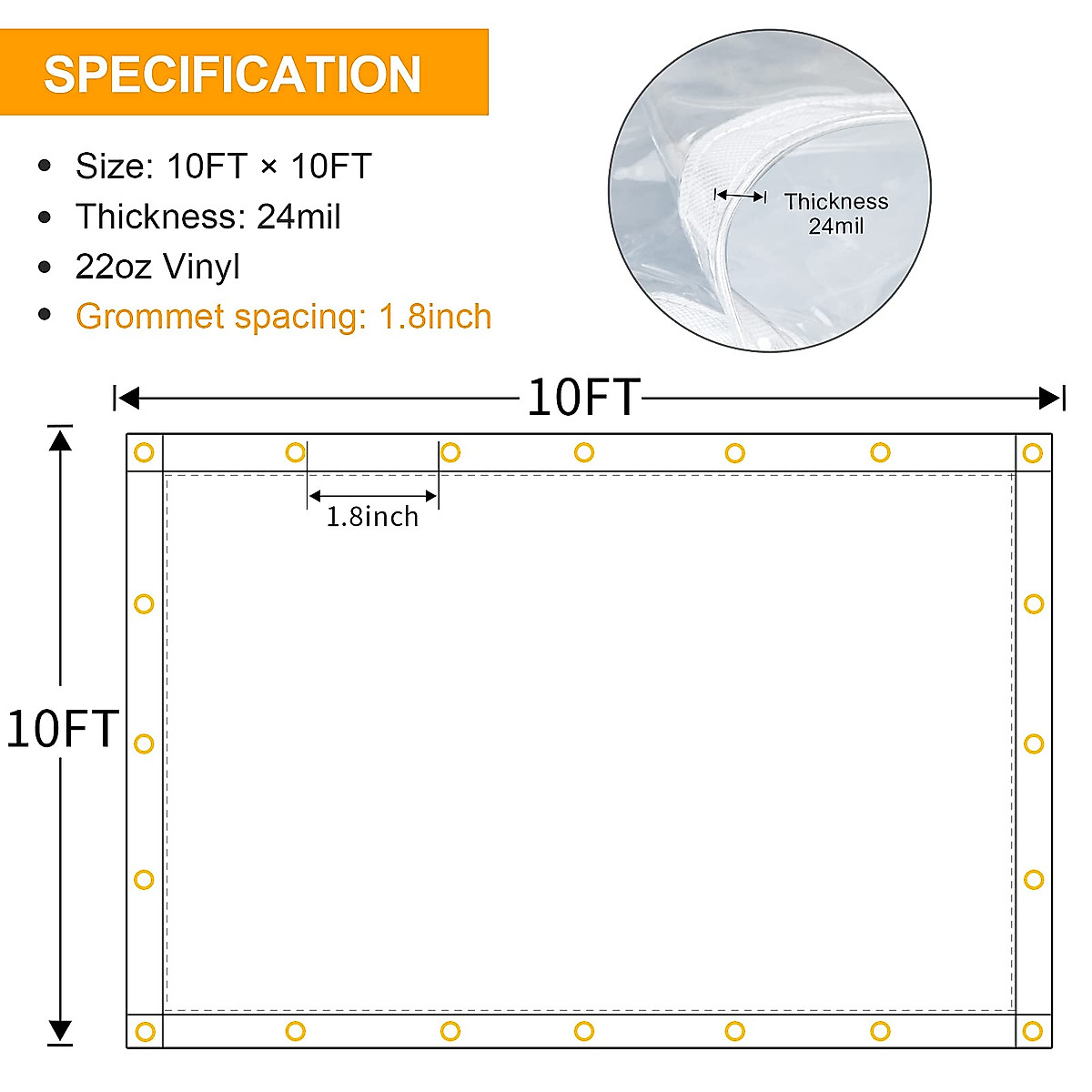 10 x 10FT Outdoor Clear Tarp Curtain Waterproof Wind-Proof 24 Mil Transparent Vinyl Tarp for Patio Pergola Garden Canopy Rainproof Anti-Tear PVC Thick Cover with Grommets