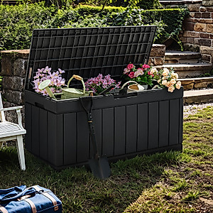 Flamaker Outdoor Storage Box 85 Gallon Resin Waterproof Deck Box with Wood Texture Large Storage Bin for Patio Cushions (Black)