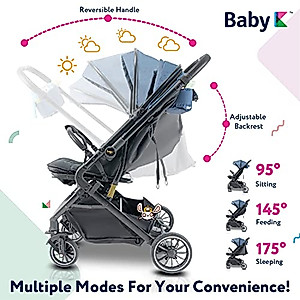 Baby K Lightweight Reversible Baby Stroller (Dark Blue- with Mesh Cover & Adjustable Canopy) - Easy Front/Rear Facing Reversible Stroller Handle - Compact Travel Stroller with Fold Up & Recline Mode