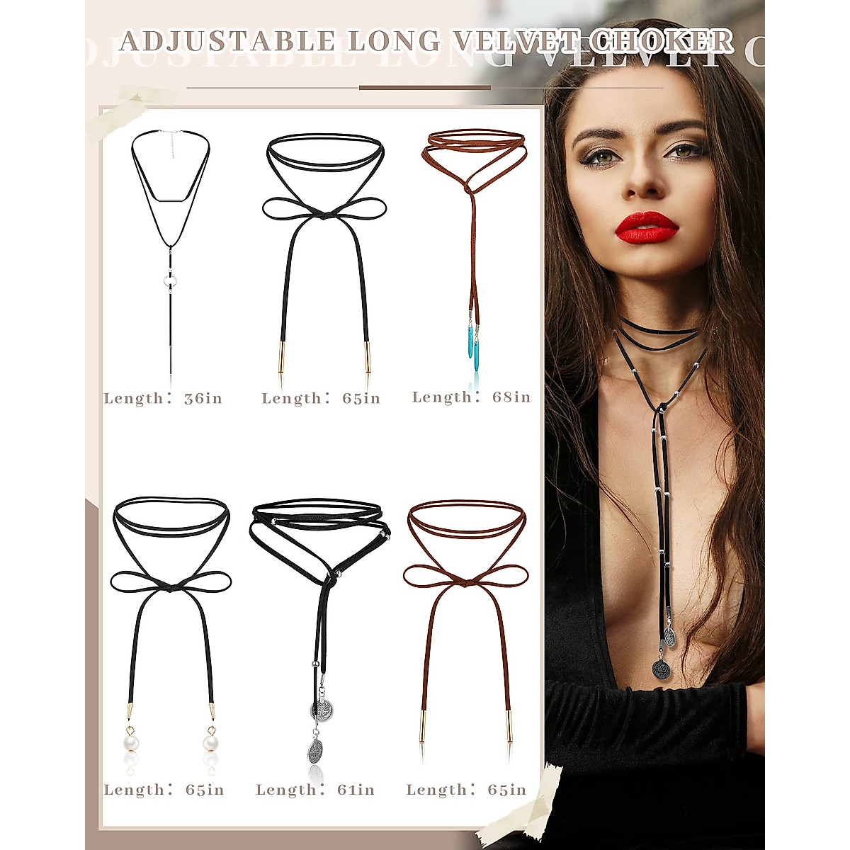 Sureio 6 Pcs Women Black Leather Velvet Long Choker Gothic Boho Brown Wrap Velvet Choker Long Chain Tassels Modern Choker with Velvet Bag for Girls Cowgirl