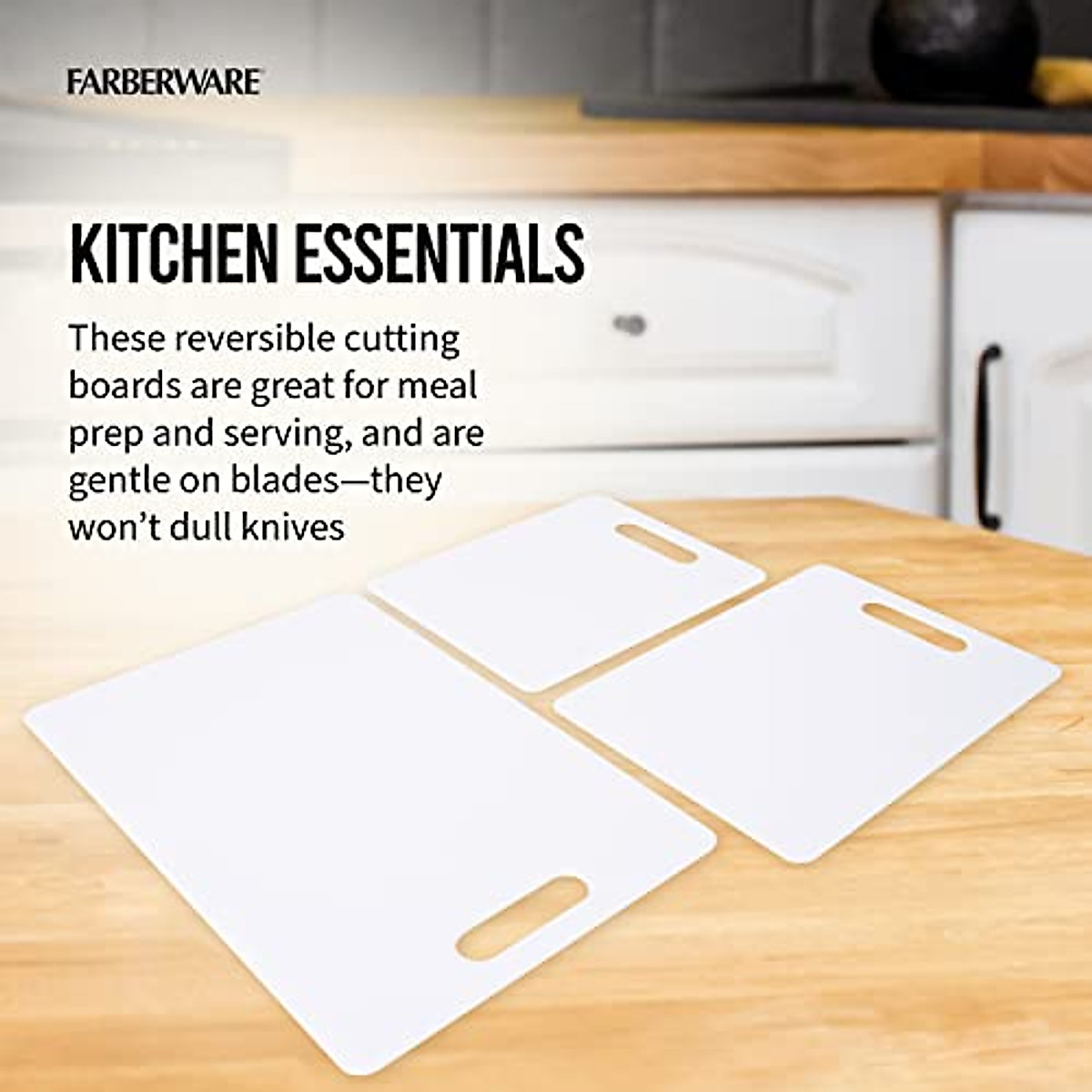 Farberware Plastic Cutting Board Set, Dishwasher- Safe Poly Chopping Board for Kitchen with Easy Grip Handles, Set of 3, White