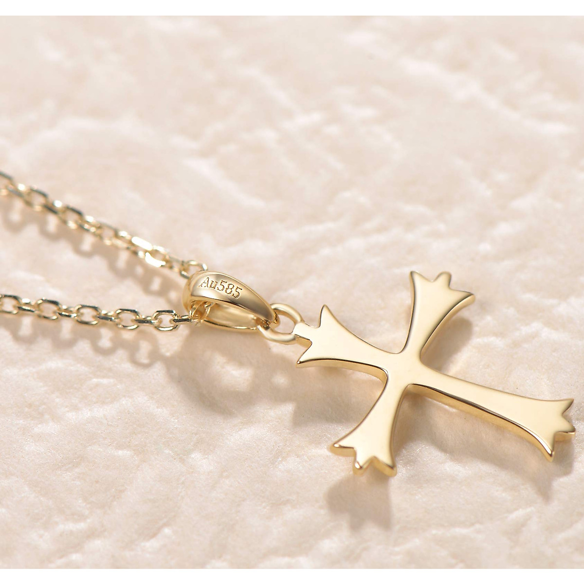 FANCIME SOLID REAL 14K Yellow Gold SMALL TINY Little Cute Embossed Cross Crucifix Delicate Necklace Dainty Pendant Fine Jewelry For Women, With 16+2" Solid Gold Cable Chain