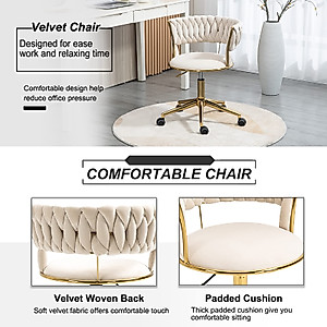 Goujxcy Velvet Swivel Chair, Velvet Desk Chair with Gold Base, Cute Makeup Vanity Chair for Women Girls, Woven Back Adjustable Armchair Task Computer Chair for Home Office Bedroom Living Room, Beige