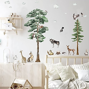 68in X-Large Pine Tree Safari Animals Wall Decals Woodland Nursery Wall Decor Watercolor Forest Animal Wall Decal Peel and Stick Deer Birds Owl Wolf Stickers for Kids Room Wall Art Baby Nursery Decor