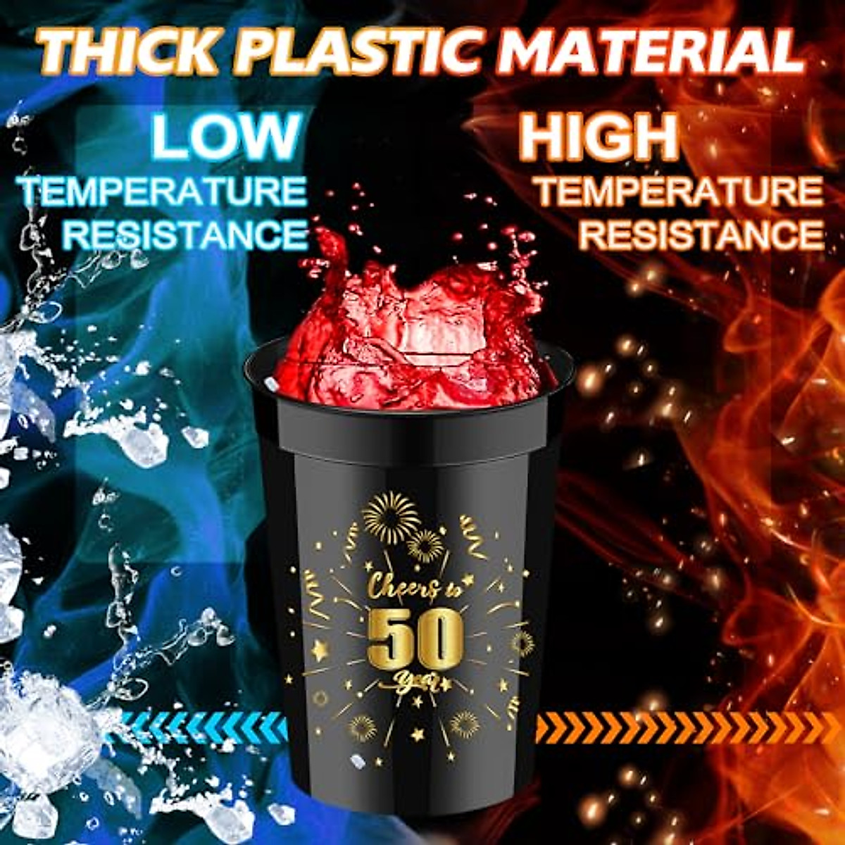 Mototo 60 Pieces 50th Small Birthday Cups 8 oz Cheer to 50 Years Plastic Cups Plastic Birthday Stadium Cups Black and Gold Plastic Cups for Birthday Party Favors Anniversary Wedding Party Supplies