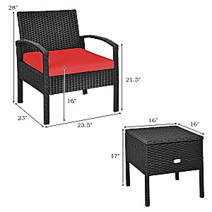 COSTWAY Rattan Patio Furniture Set 3 Pieces, Wicker Conversation Set with Tempered Glass Coffee Table, Seat Cushions, Outdoor Chair Wicker Sofa for Backyard Balcony Porch Poolside, Red