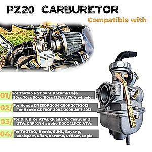 Pz20 Carburetor Fit Tao Tao 50cc 110cc 125cc Atv Coolster Nst Sunl Chinese Quad 4 Stroke Wheeler Parts Engine Carb For Honda Kazuma Dirt Baja Mini Kart Pit Scooter (PZ20 Carburetor)