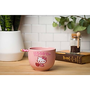 Silver Buffalo Sanrio Hello Kitty Strawberry Milk Japanese Character Ceramic Ramen Rice Bowl with Chopsticks, 20 Ounces, Pink