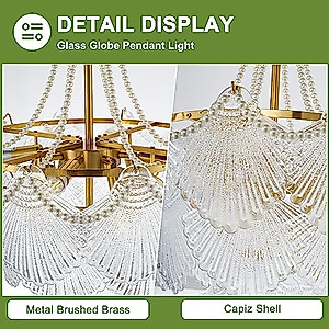 FINE MAKER Modern Glass Chandelier, 24'' Golden Vintage Chandelier for Dining Room, 3 Tiers Hanging Pendant Ceiling Light Fixture with Glass Shell Pearl Shades for Living Room, Bedroom, Kitchen