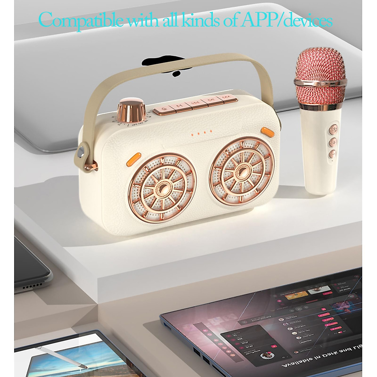 Karaoke Machine with One/Two Wireless Microphones.Portable Bluetooth Karaoke Speaker for Adults and Kids with Dual Speakers Supports TF/USB, AUX in for Party, Birthday (White with Single Microphone)