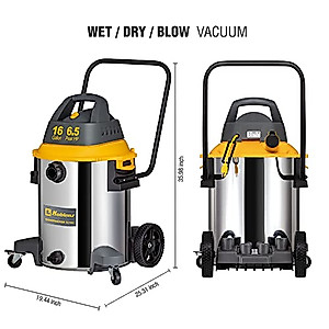 Koblenz Contractor Wet/Dry Vac, 16 Gal Stainless Steel 6.5HP 2-Stage Quiet Motor, Stainless (WD-16 C416SSH)