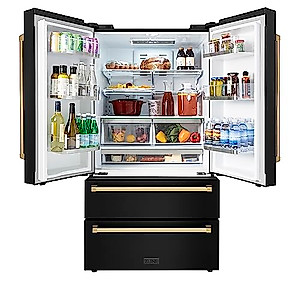 Z Line Kitchen and Bath ZLINE 36" Autograph Edition 22.5 cu. ft Freestanding French Door Refrigerator with Ice Maker in Fingerprint Resistant Black Stainless Steel with Gold Accents (RFMZ-36-BS-G)