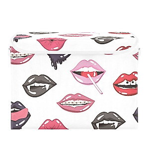 FRODOTGV Various Sexy Lips Colored Large Foldable Storage Boxes with Lid Fabric Collapsible Storage Bin Closet Organizer Storage Box with Handles